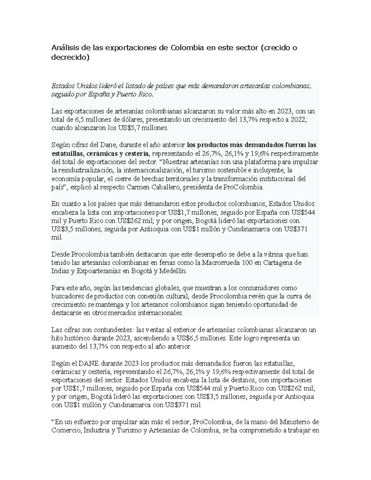 Aporte del Sector Artesanal en las Exportaciones de Colombia 2023 - Studocu