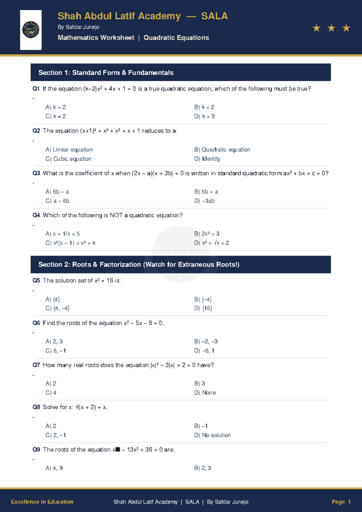 SALA Mathematics Worksheet: Quadratic Equations MCQs for Class 10/11 ...