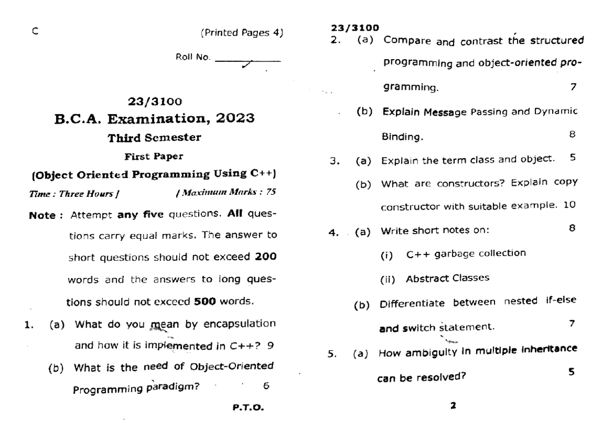 Bca 3 sem object oriented programming using cpp 3100 2023 - C (Printed Pages 4) 2. (a) Compare ...