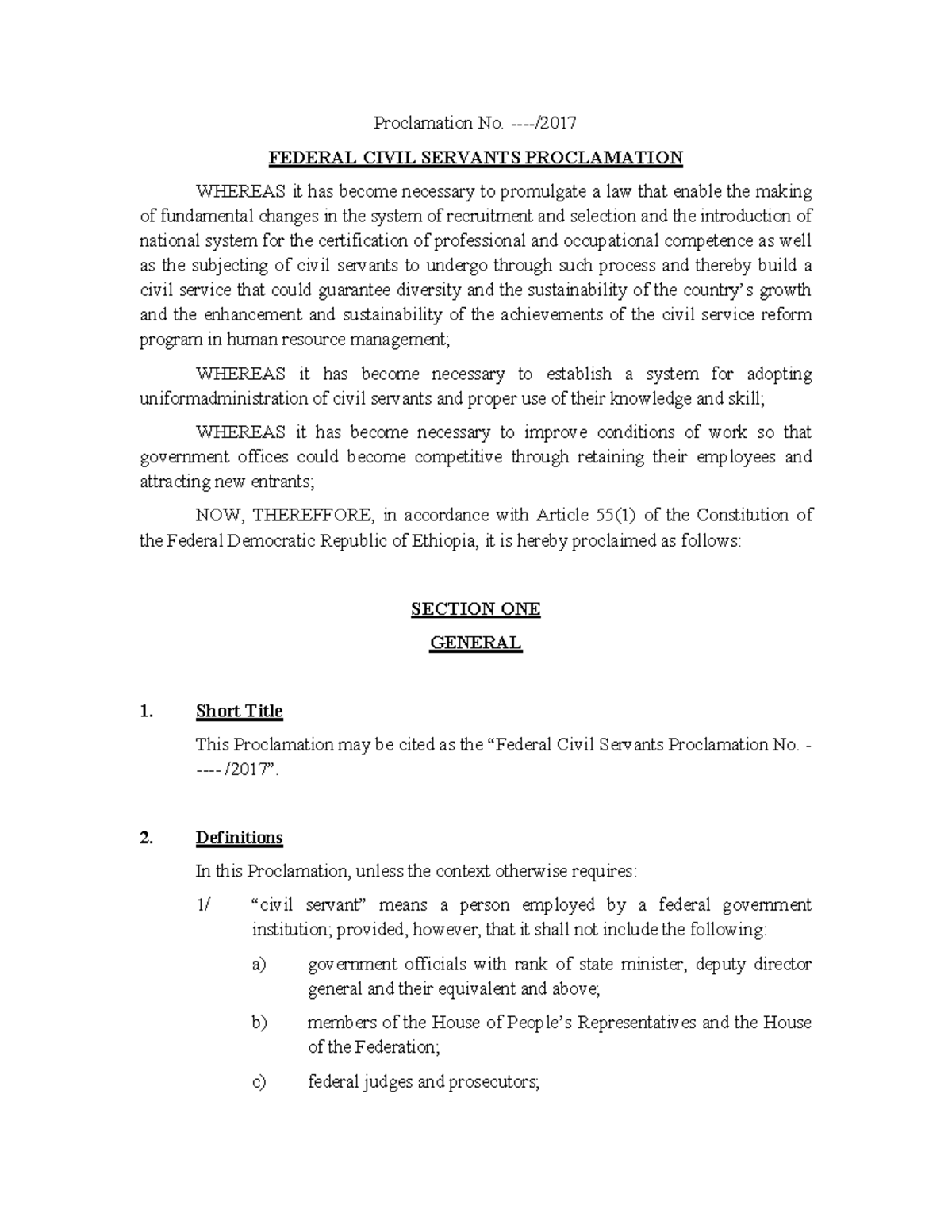 Federal Civil Servants Proclamation No. 1353: Recruitment & Management ...