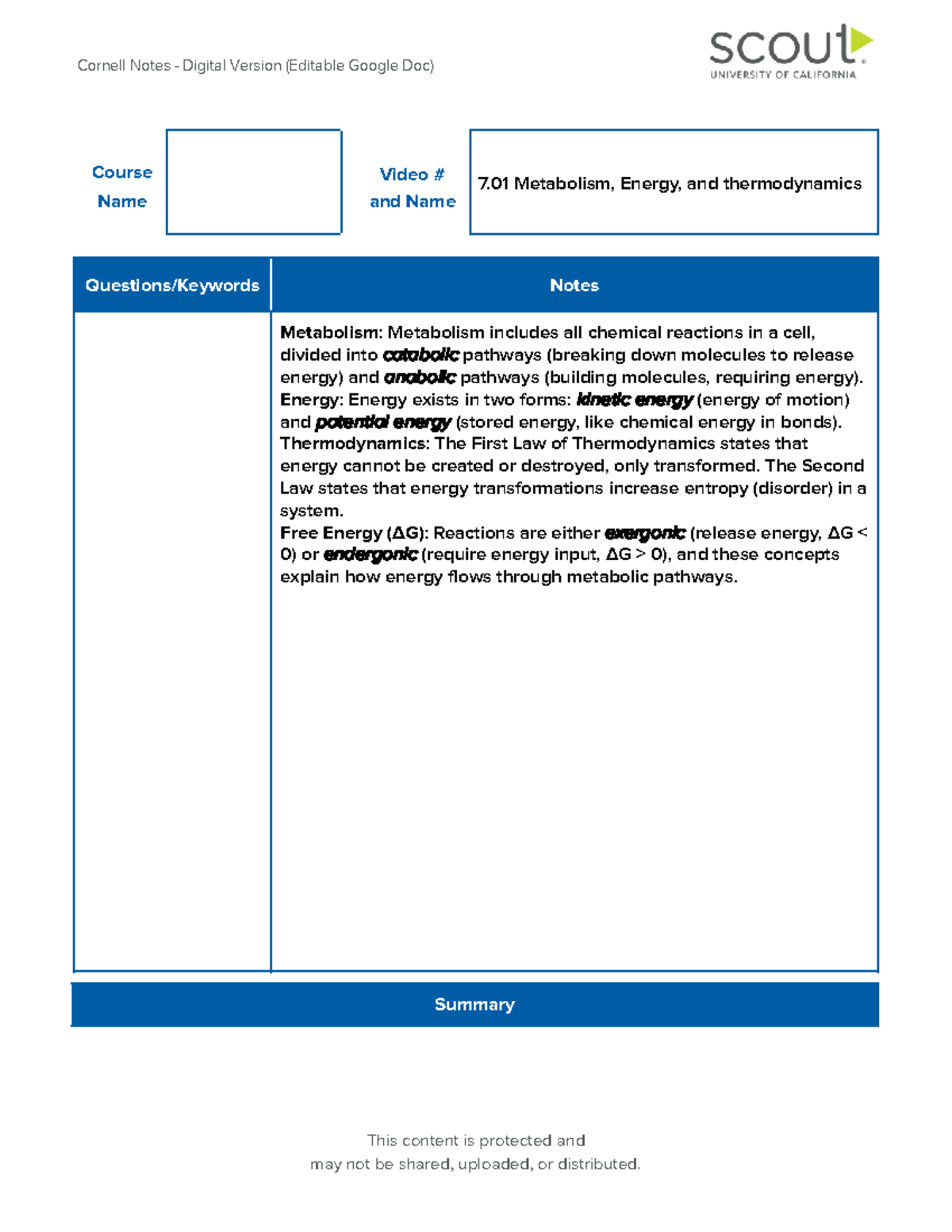 7.01 Metabolism, Energy, and Thermodynamics Notes (Editable) - Studocu