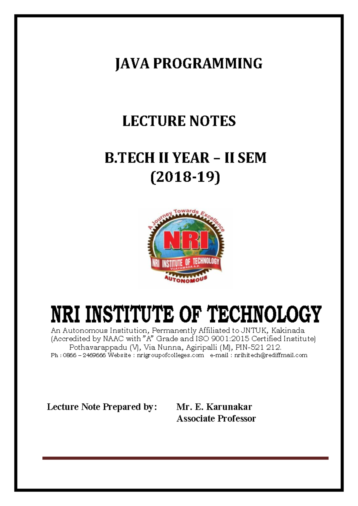 JAVA Programming Notes - JAVA PROGRAMMING LECTURE NOTES B II YEAR – II ...