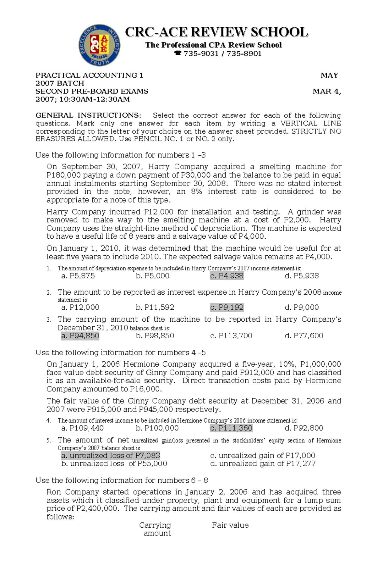 Practical Accounting 1: Second Preboard Exam Review (May 2007 Batch ...