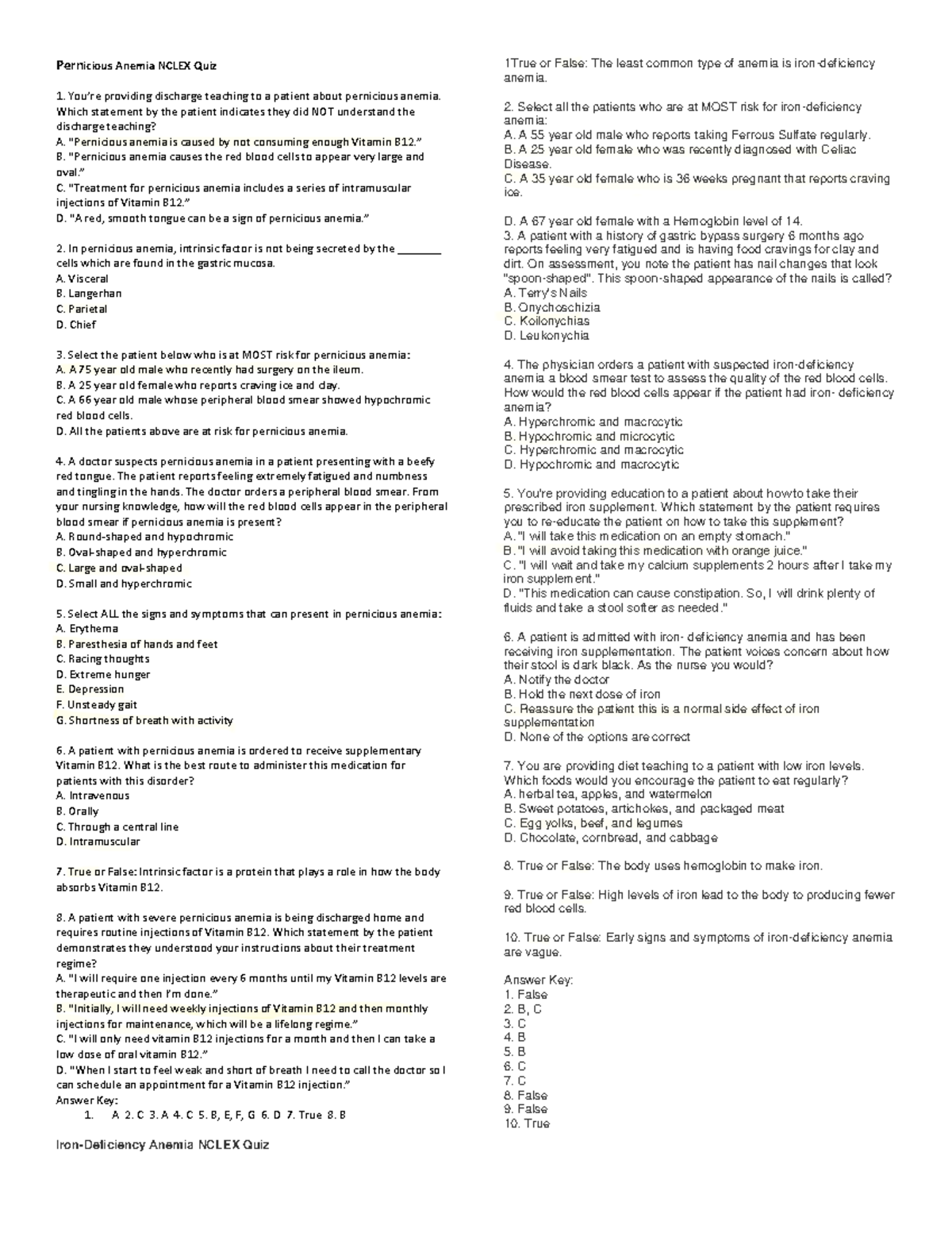 Pernicious Anemia, Iron-Deficiency Anemia & Sickle Cell NCLEX Practice ...