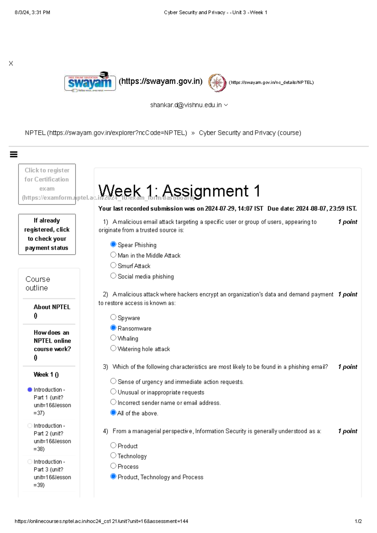 Cyber Security and Privacy (NPTEL) - Week 1 Assignment Overview - Studocu