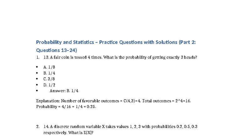 Probability and Statistics Practice Questions (Part 2) - Studocu