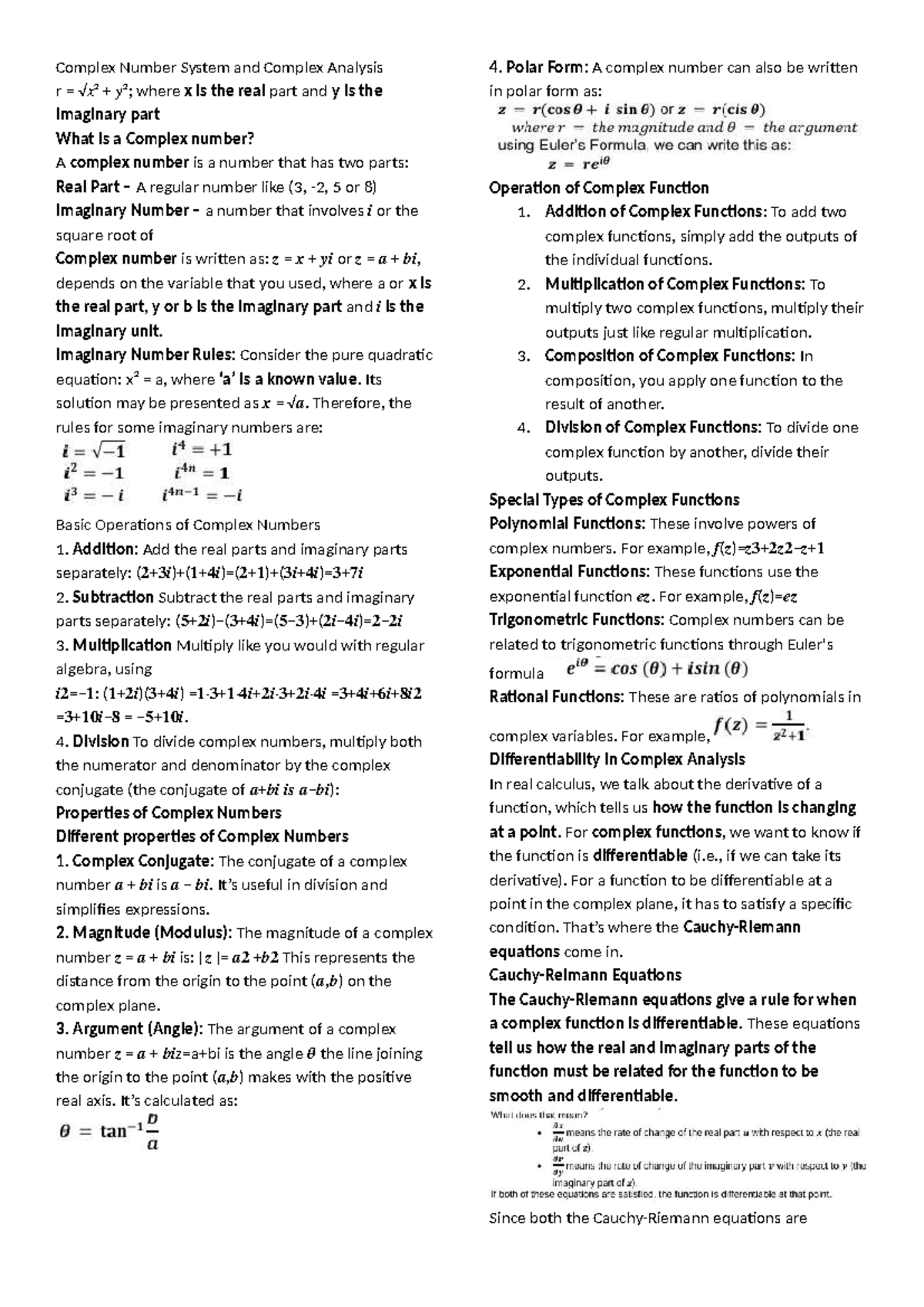 Advanced mathematics: Complex number system and analysis review - Studocu