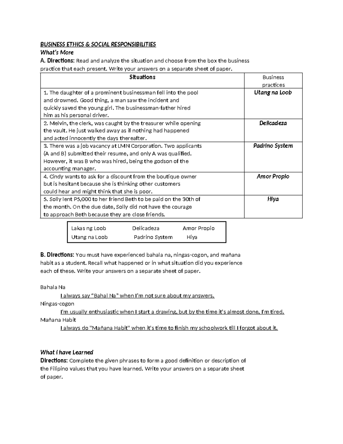 Q3-WEEK 6 Answer - ...... - BUSINESS ETHICS & SOCIAL RESPONSIBILITIES ...