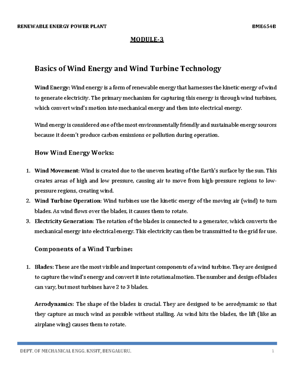 Basics of Wind Energy and Turbine Tech - BME654B Notes - Studocu