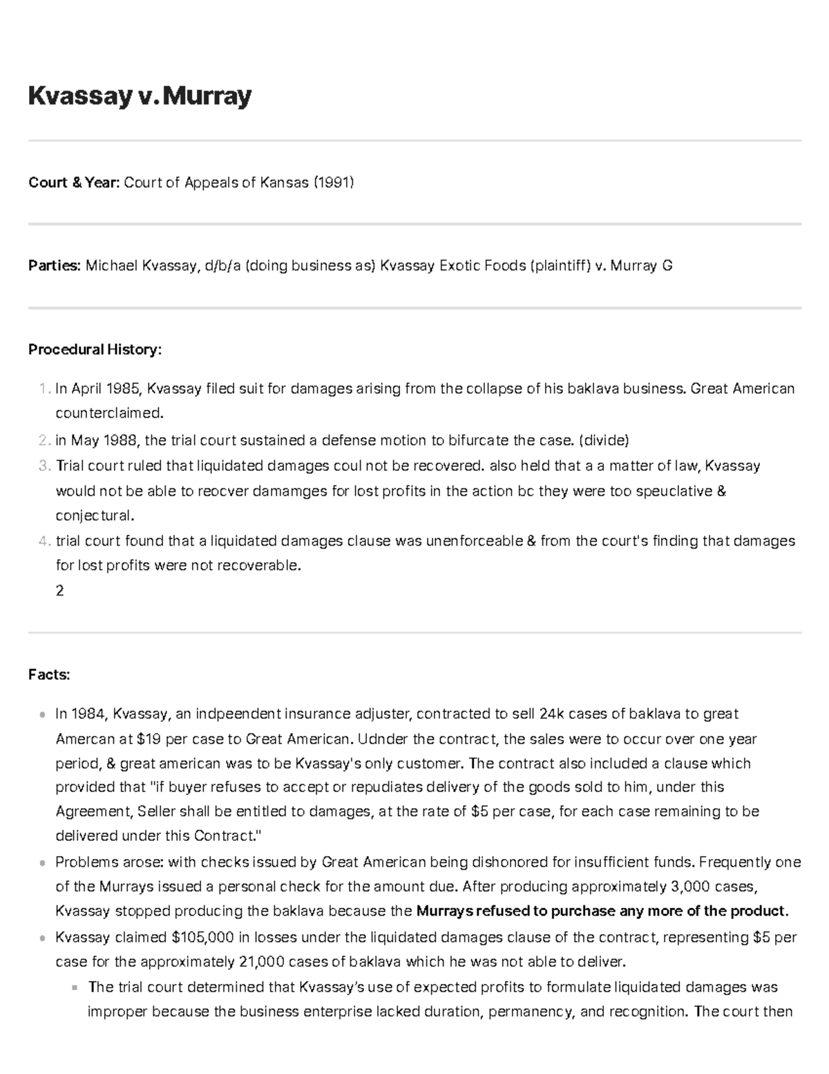 Kvassay v. Murray case study notes (1991) - liquidated damages analysis ...