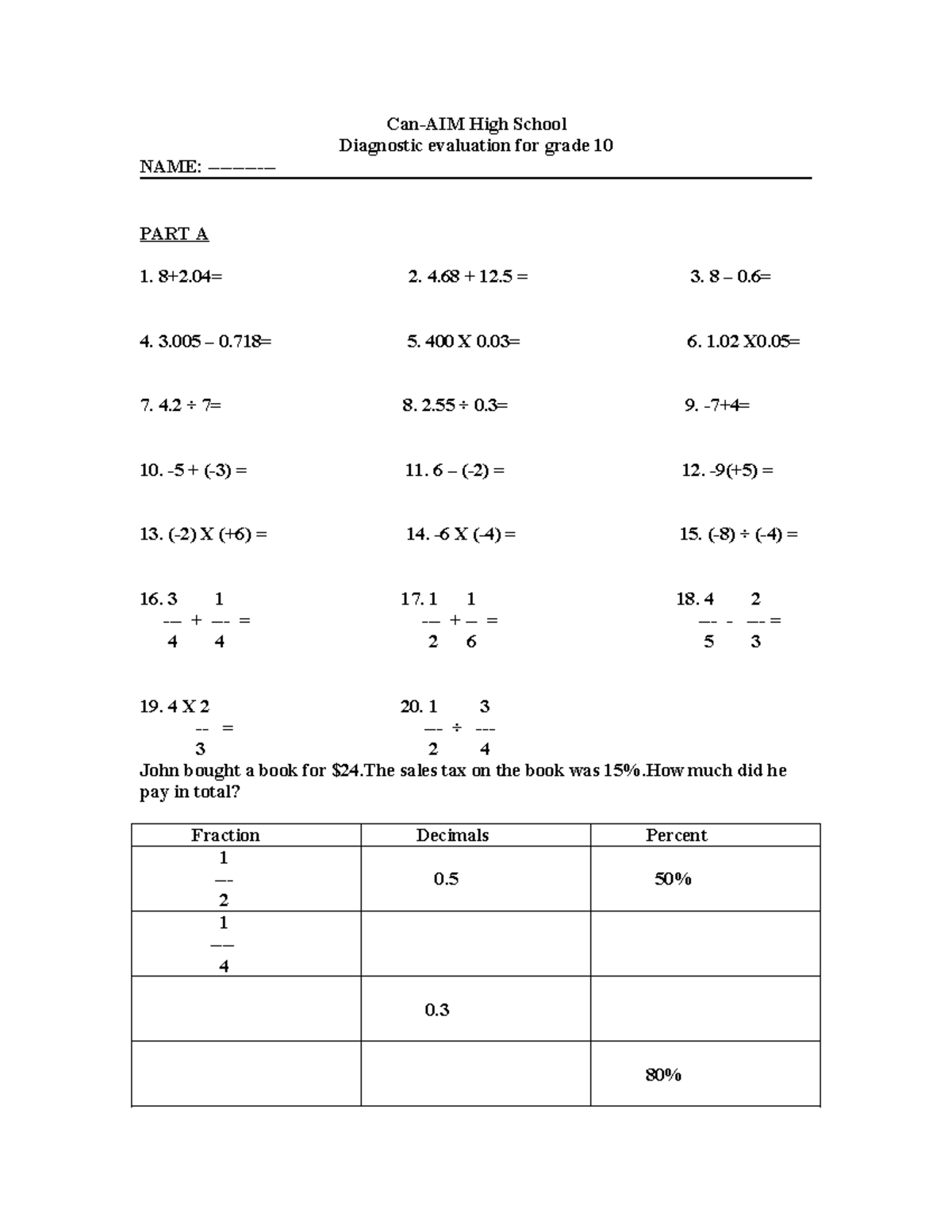 Assessment Math 10 - Diagnostic Evaluation Practice - Studocu