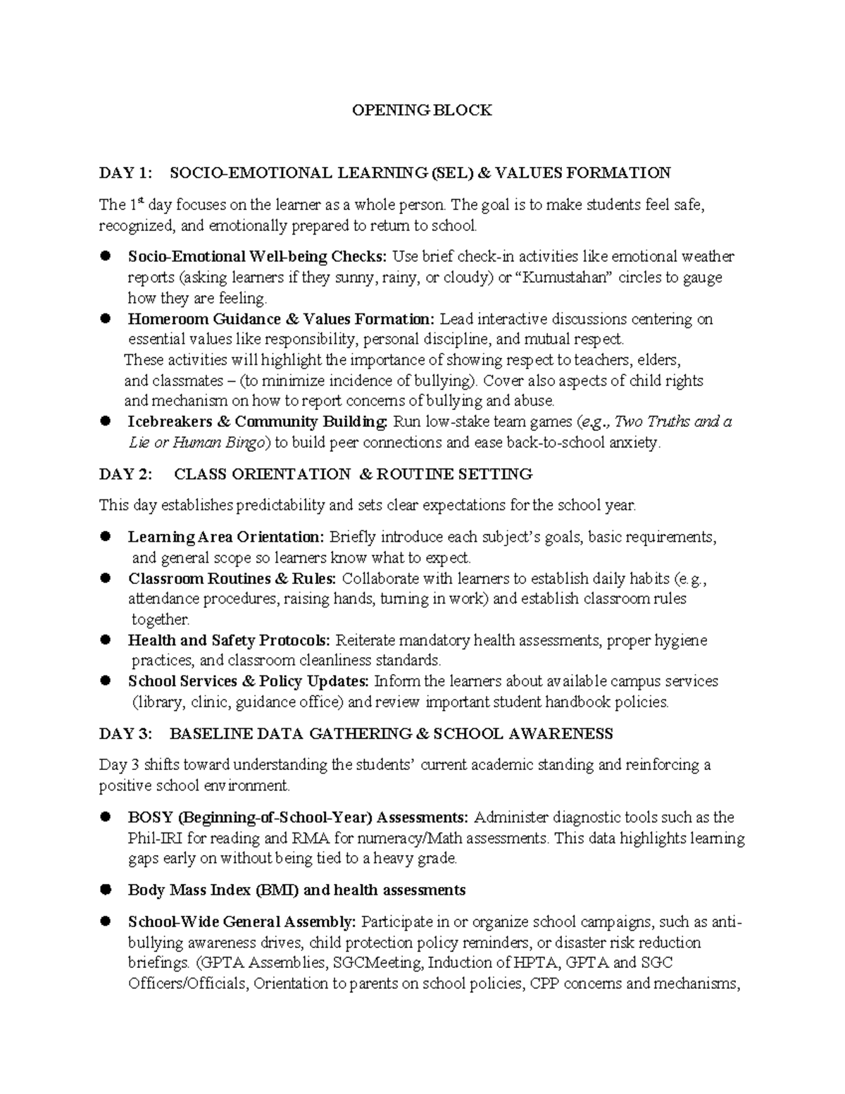 Opening Block Day 1-4: SEL Values & Academic Readiness Activities - Studocu