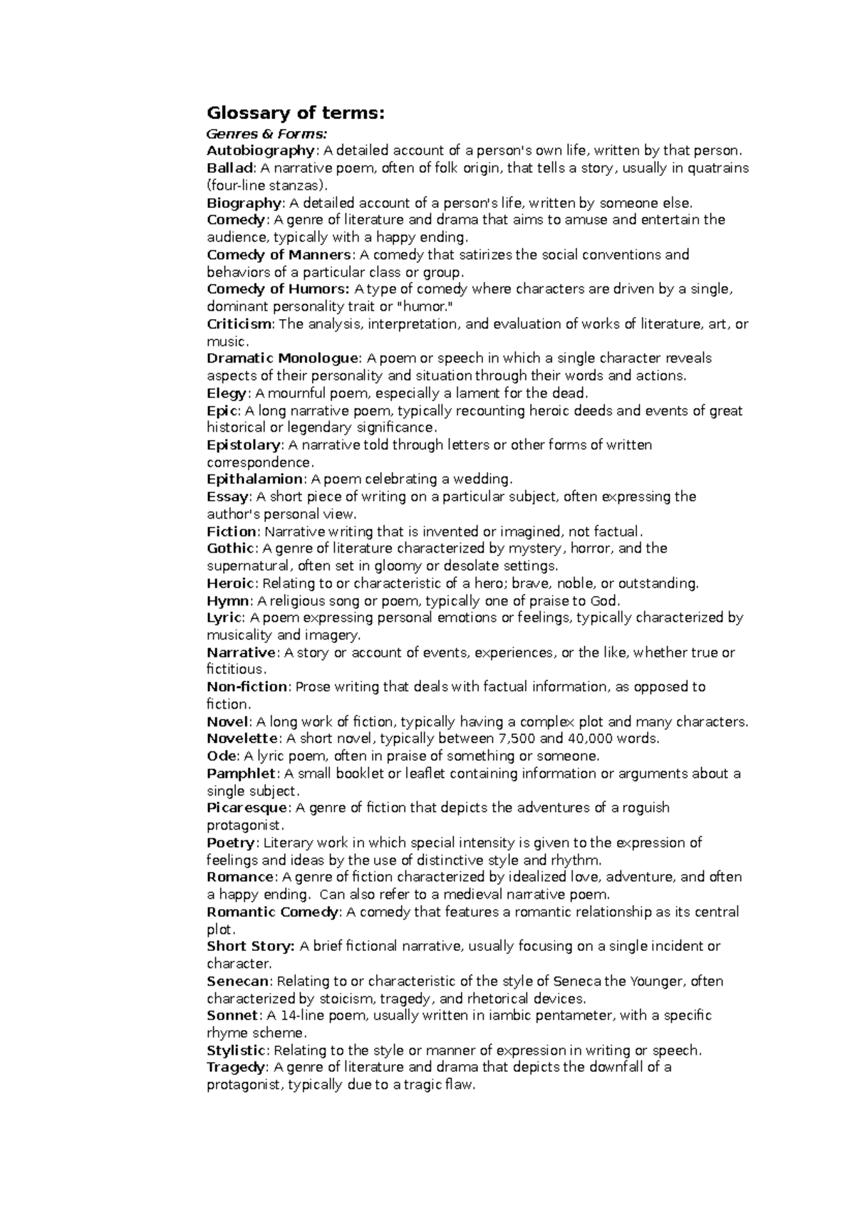 Glossary of Literary Terms for SIr A 2 Academic Use - Studocu