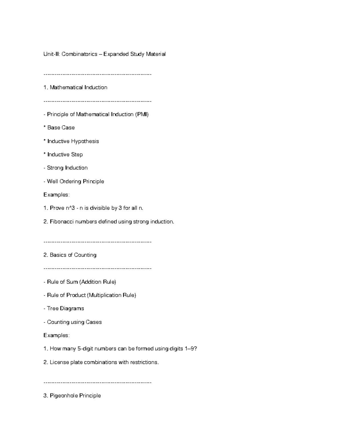 Unit II Combinatorics Study Material: Induction, Counting & More - Studocu