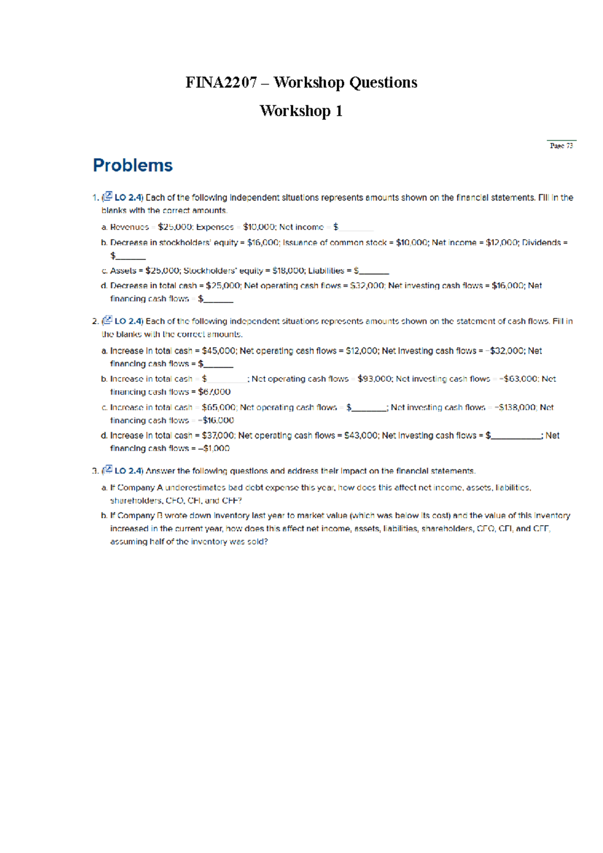 FINA2207 Workshop 1 Questions - Financial Statement Analysis - Studocu