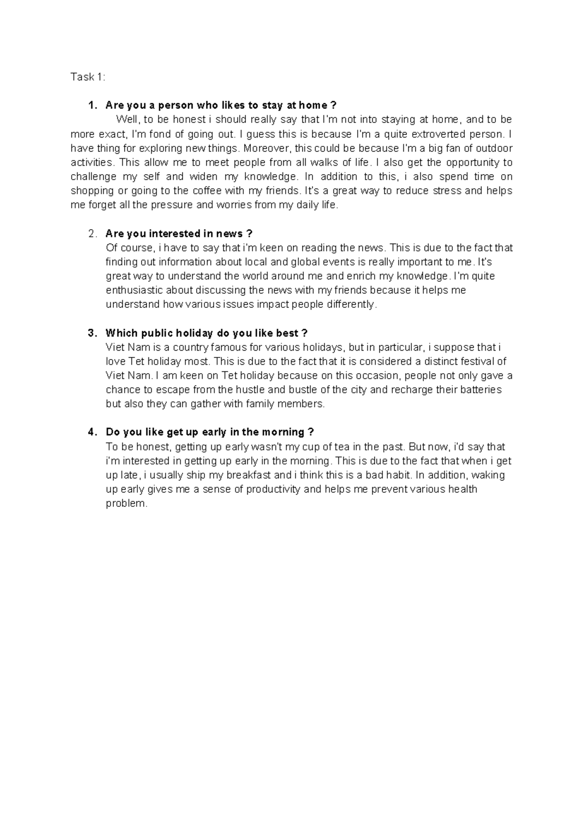 Task 1: Personal Preferences and Daily Habits Analysis - Studocu