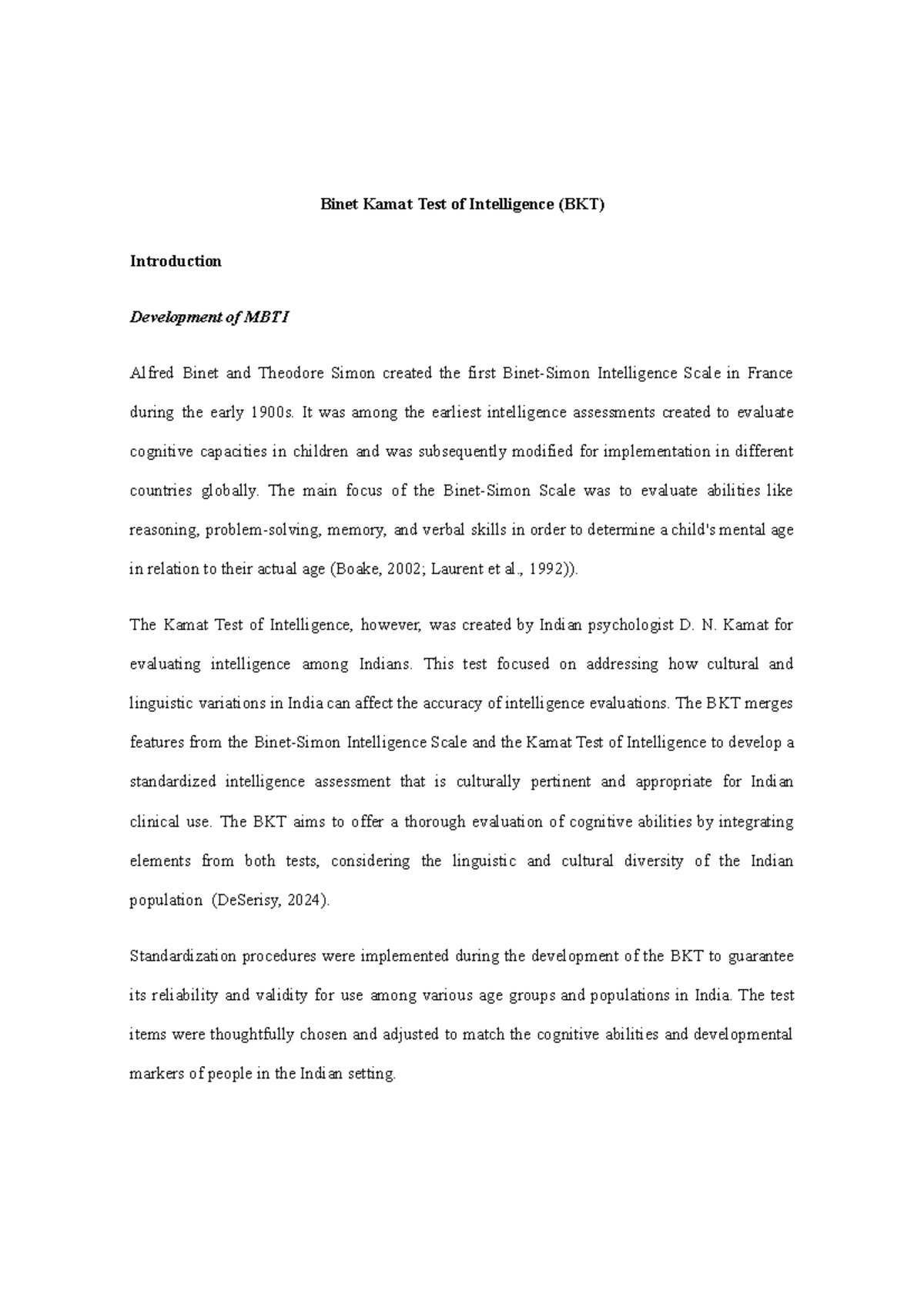 BKT - Comprehensive Analysis of Binet Kamat Test of Intelligence - Studocu