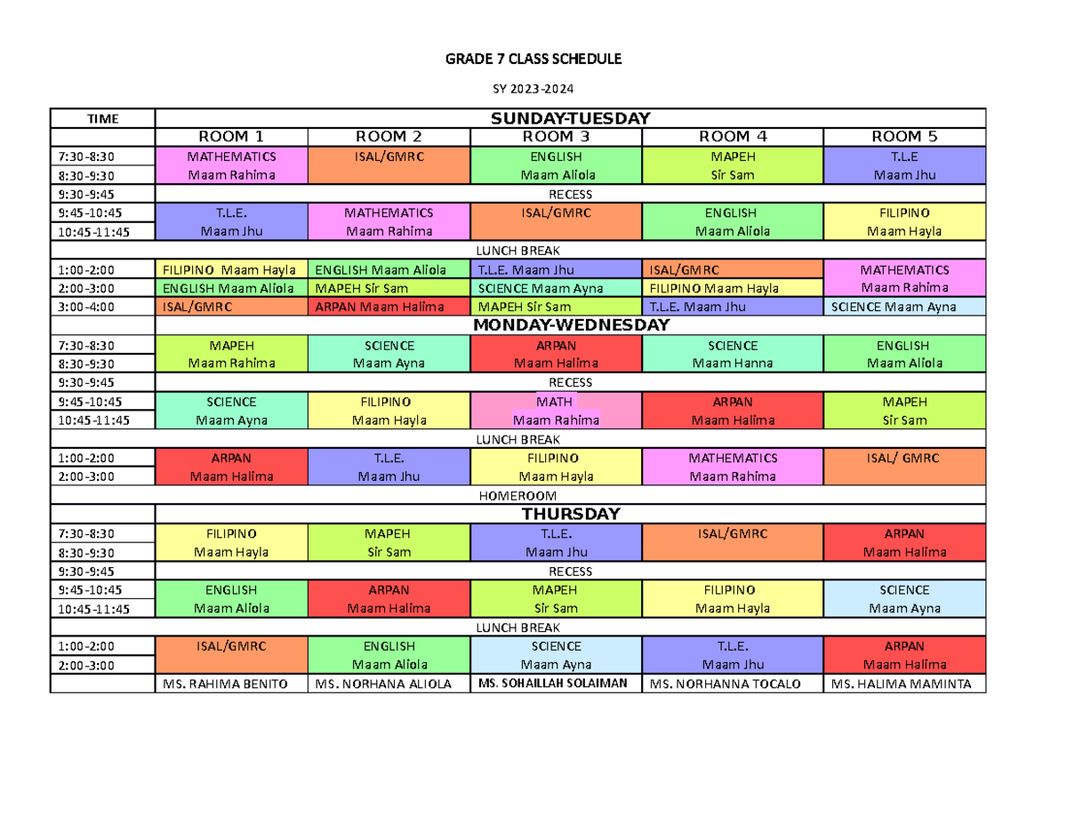 G7 Class Schedule SY 2023: Weekly Timetable Overview - Studocu