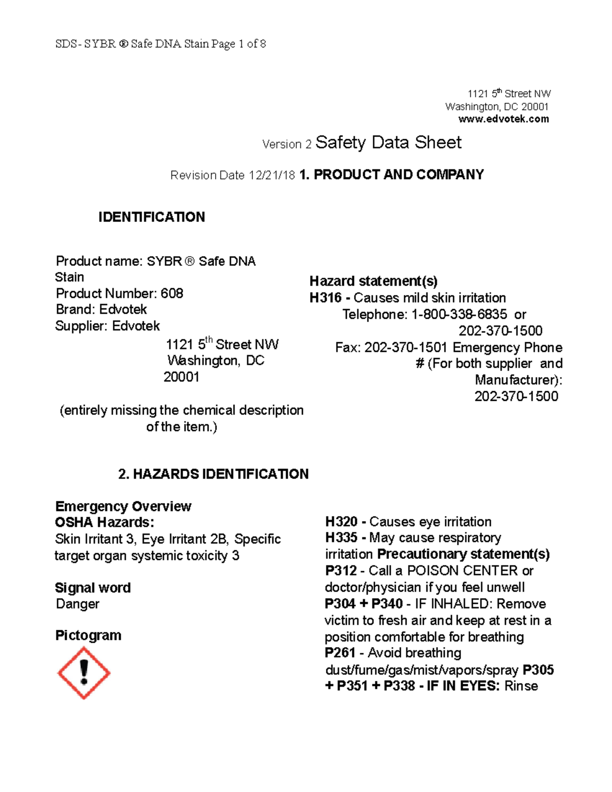 SYBR Safe DNA Stain Safety Data Sheet (SDS) - Version 2 - Studocu
