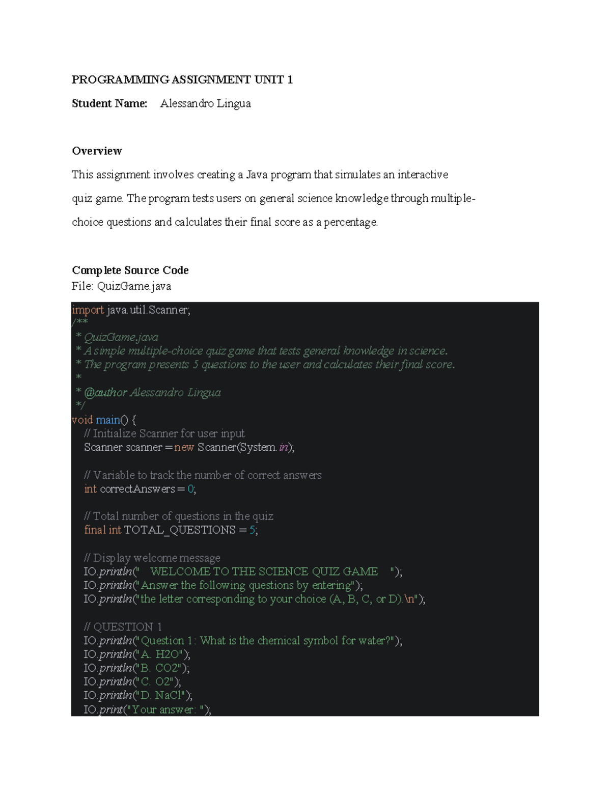 Programming Assignment Unit 1: Java Quiz Game - CS 1102 - Studocu