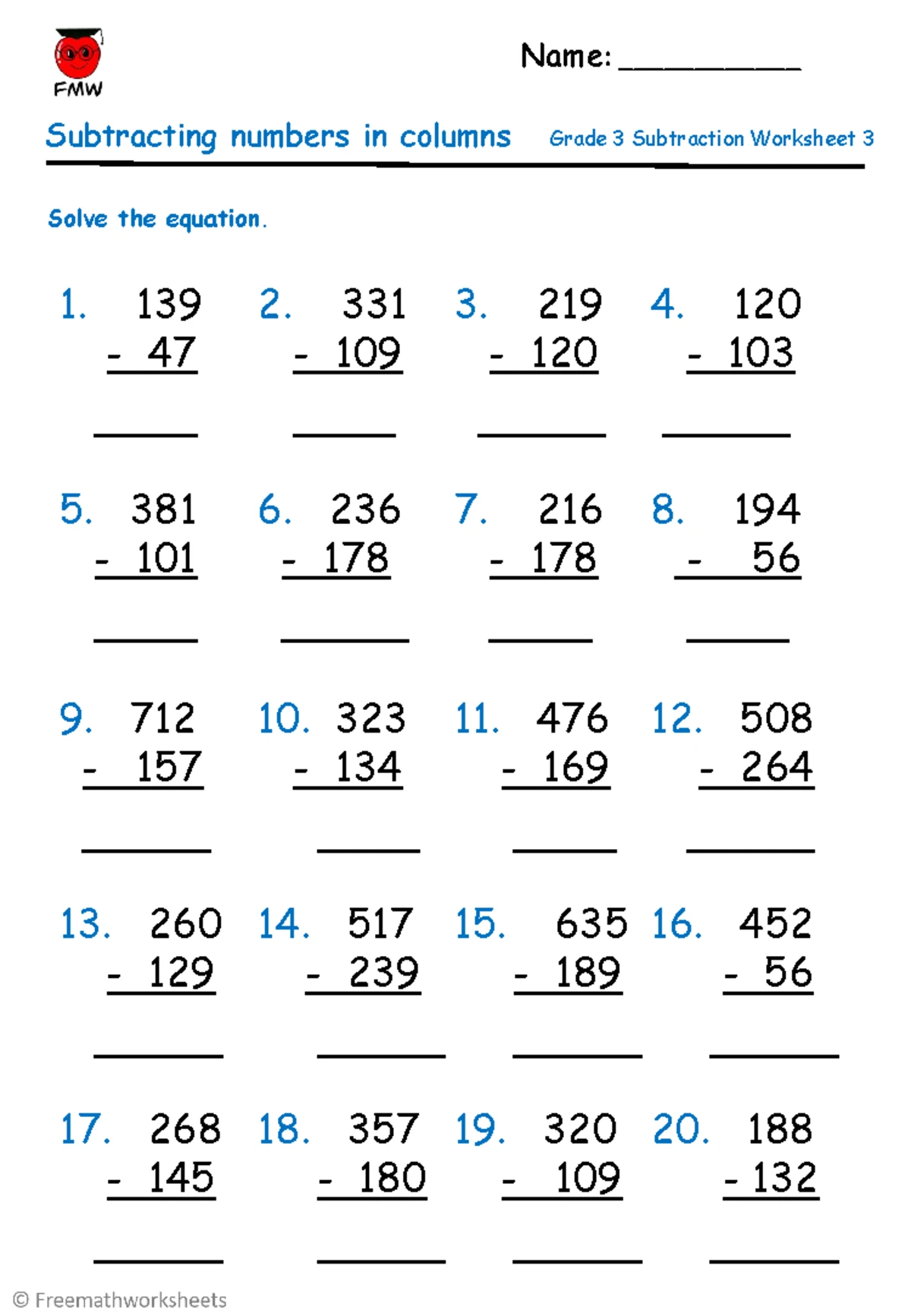 Grade 3 Subtraction Worksheet 2: Column Subtraction Practice - Studocu