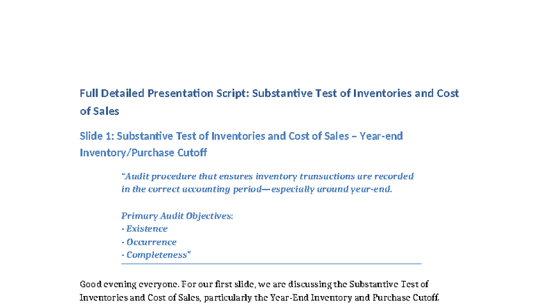 Substantive Tests of Inventories & Cost of Sales: Detailed Presentation ...