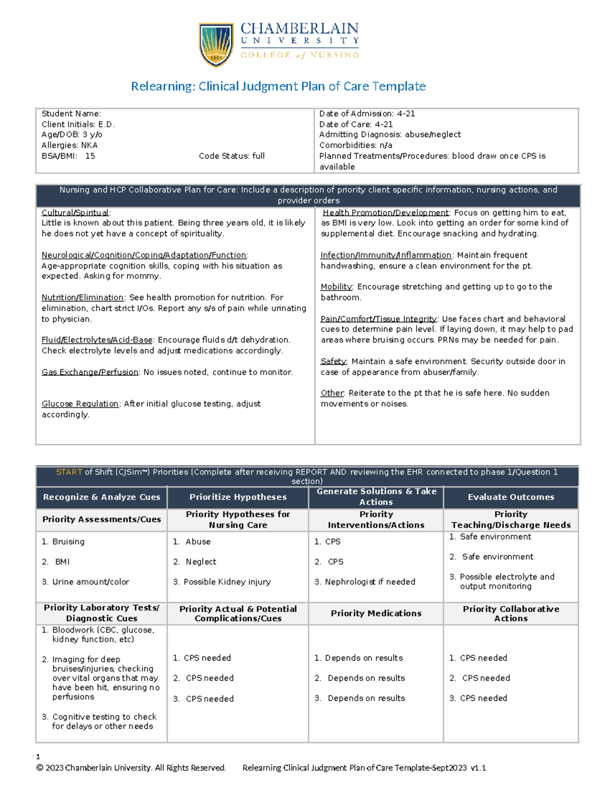 Relearning: Clinical Judgment Plan of Care Template for Child Mental Health - Studocu