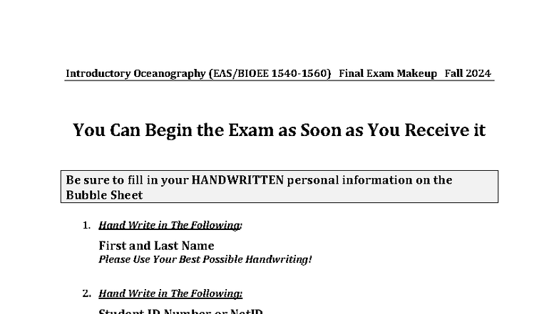 Introductory Oceanography Final Exam Makeup Answers Fall 2024 - Studocu