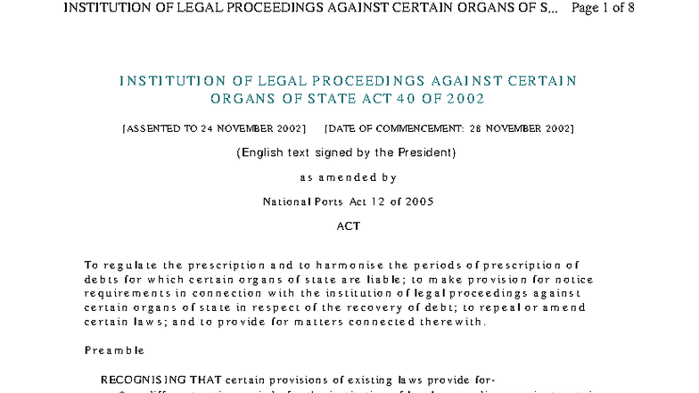 2002-040 - Legal Proceedings Against Organs of State: A Guide - Studocu
