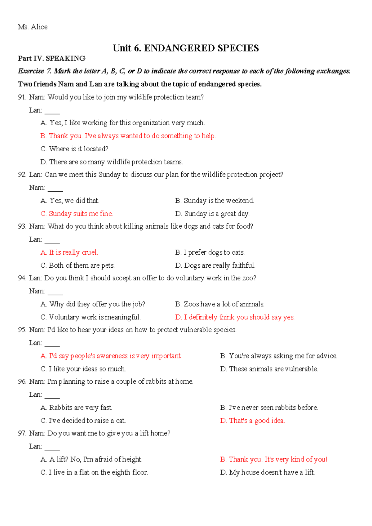 Unit 6.3 - Endangered Species - Speaking & Reading Exercises - Studocu