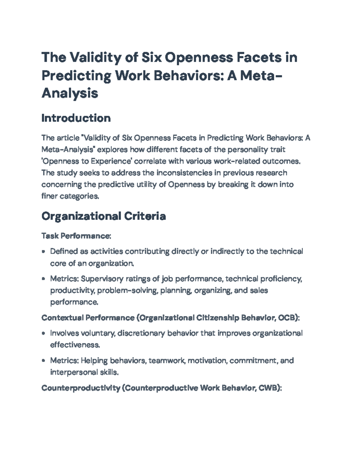 Validity of Six Openness Facets in Predicting Work Behaviors: A Meta ...
