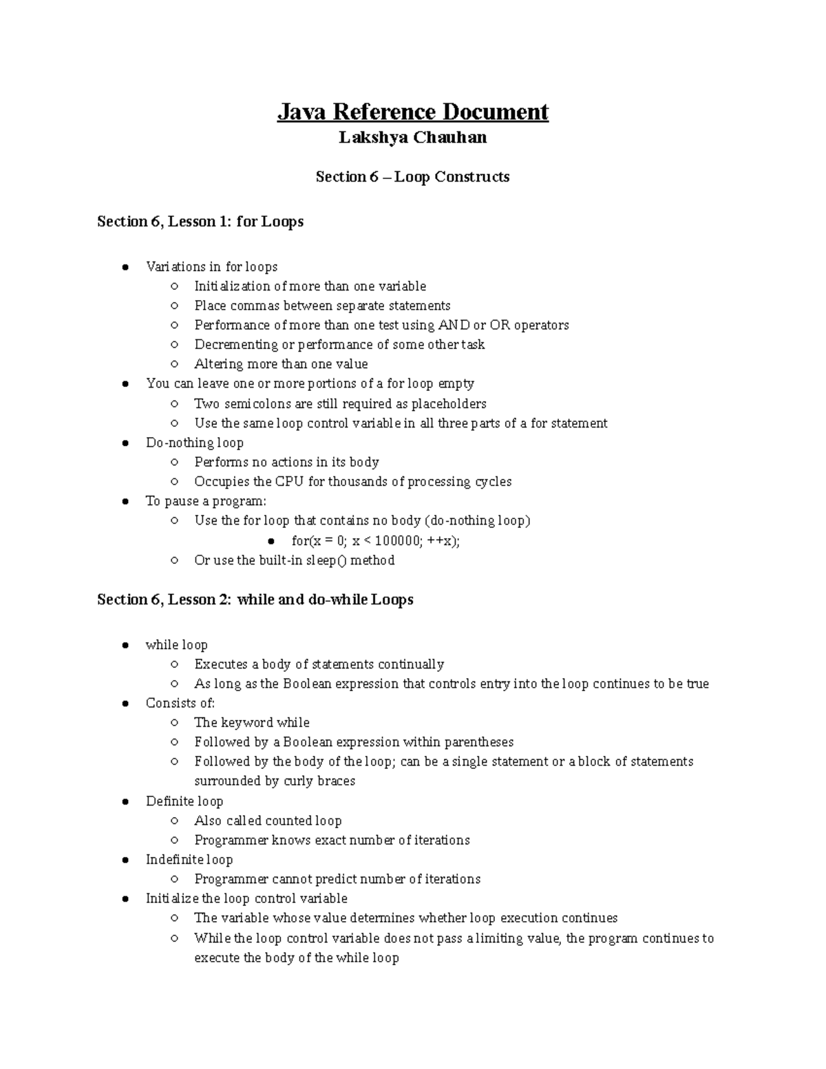 Java Reference Document [ Section 6] - Java Reference Document Lakshya Chauhan Section 6 – Loop ...