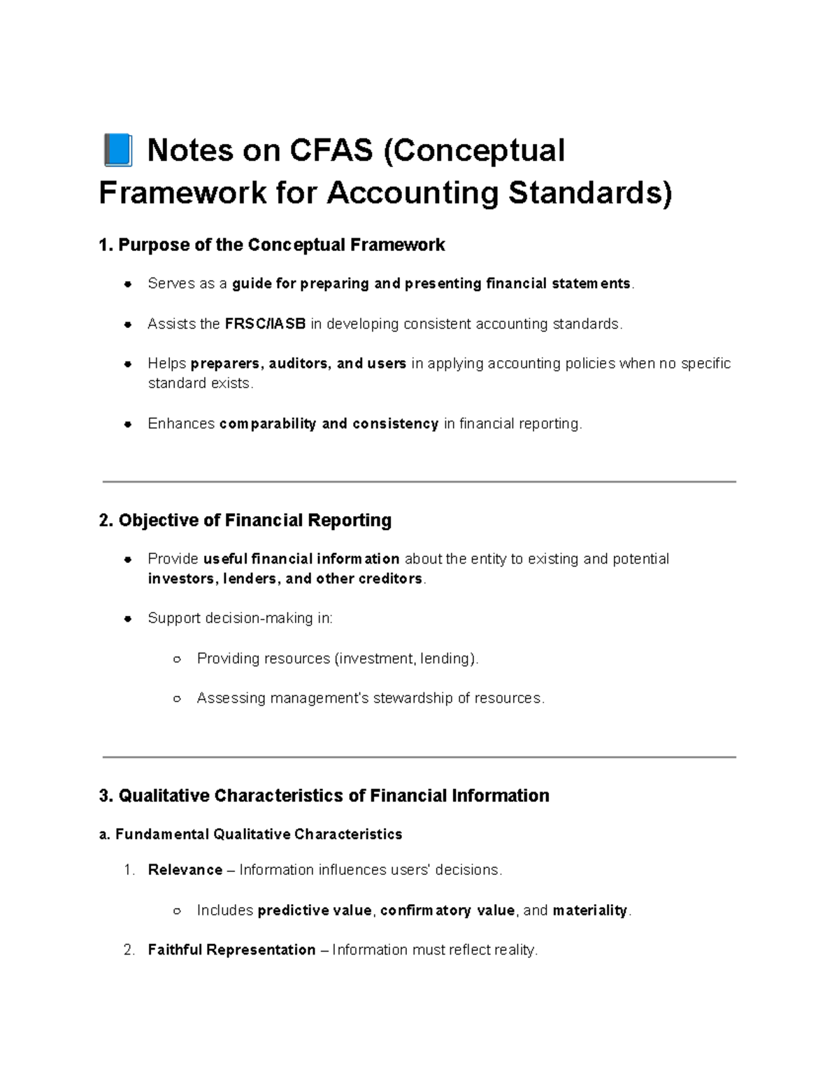 Cfas Notes Conceptual Framework For Accounting Standards Overview