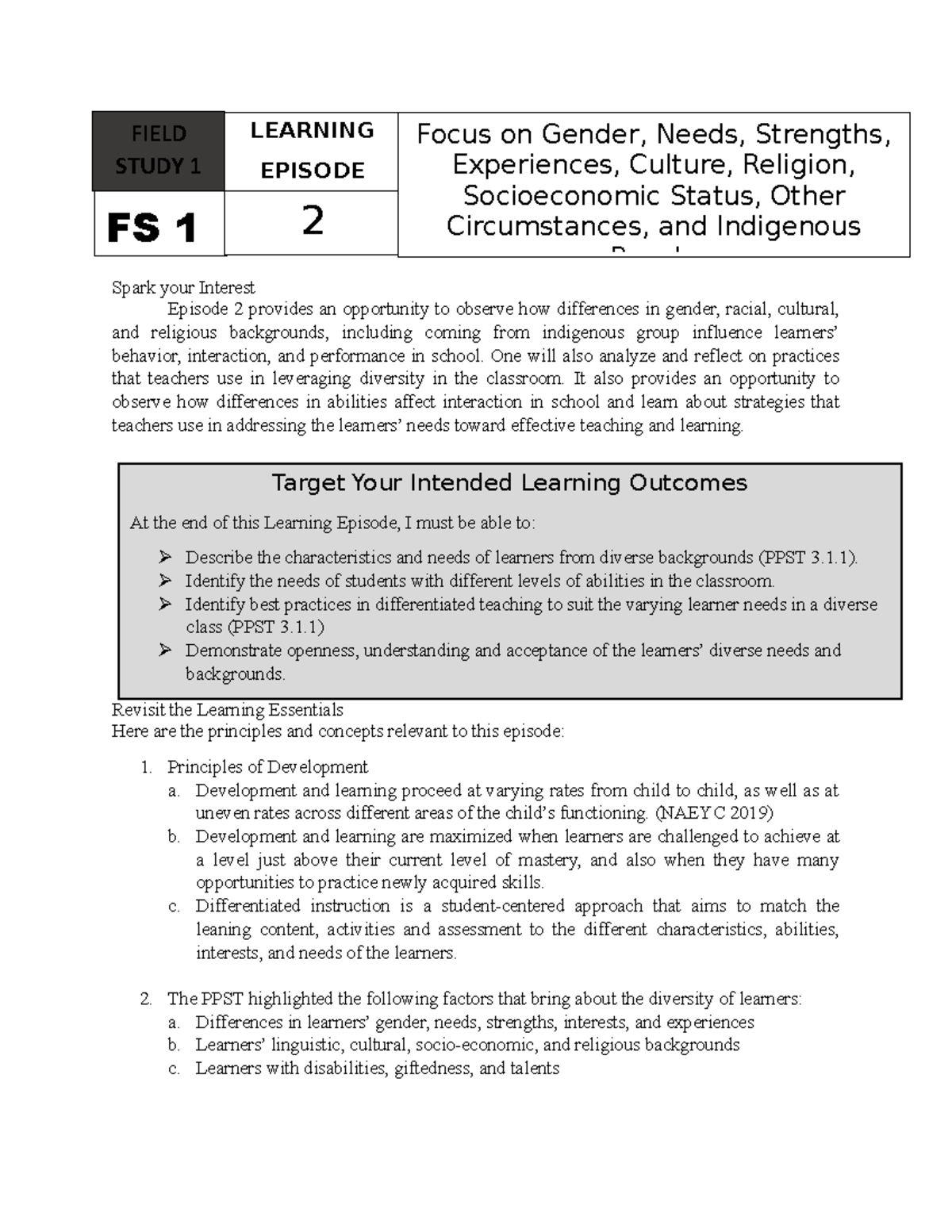 FS-1 LE-2 - Draft for FS 1 worksheet - Spark your Interest Episode 2 ...