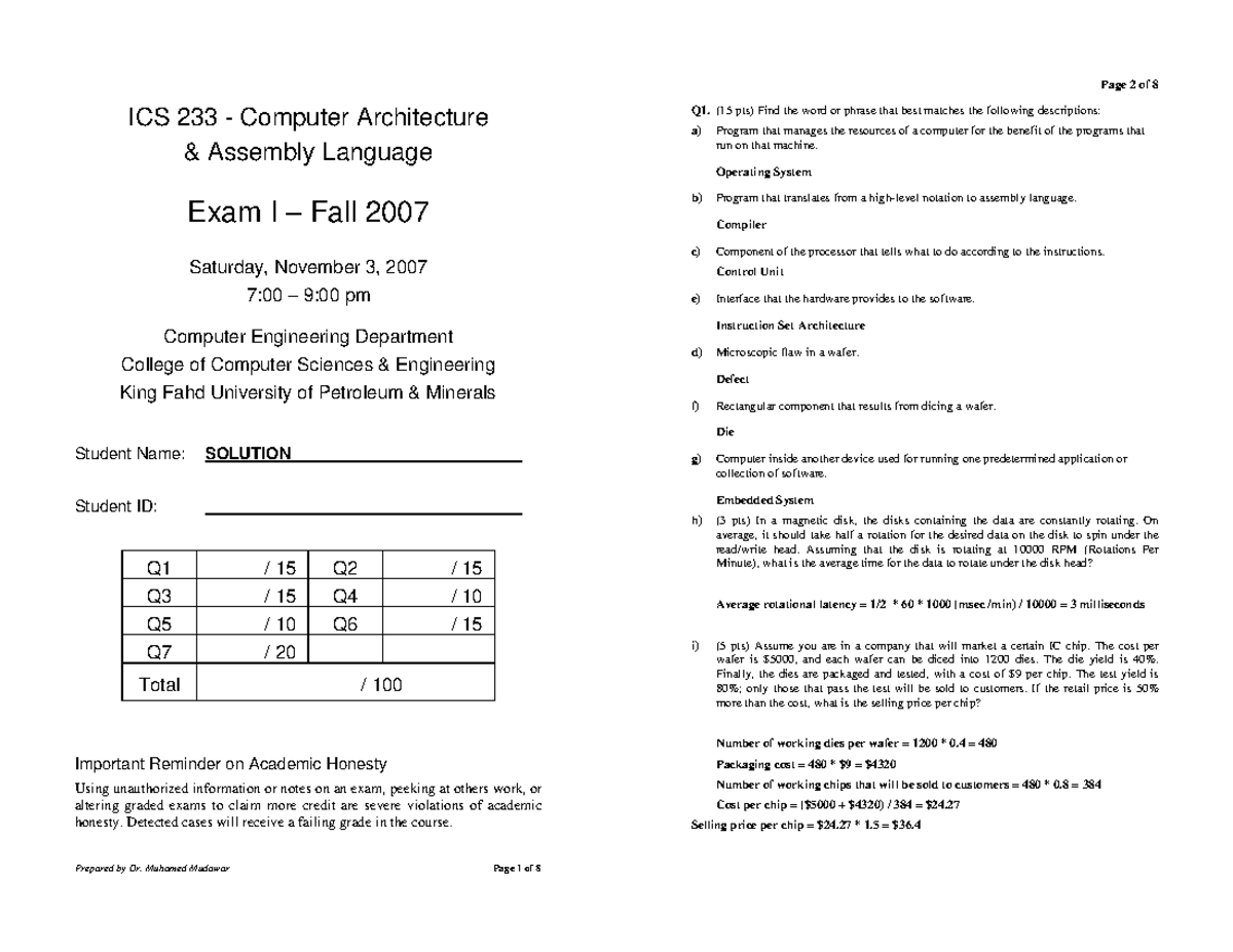 CTMT final sol - Prepared by Dr. Muhamed Mudawar Page 1 of 8 ICS 233 - Computer Architecture ...