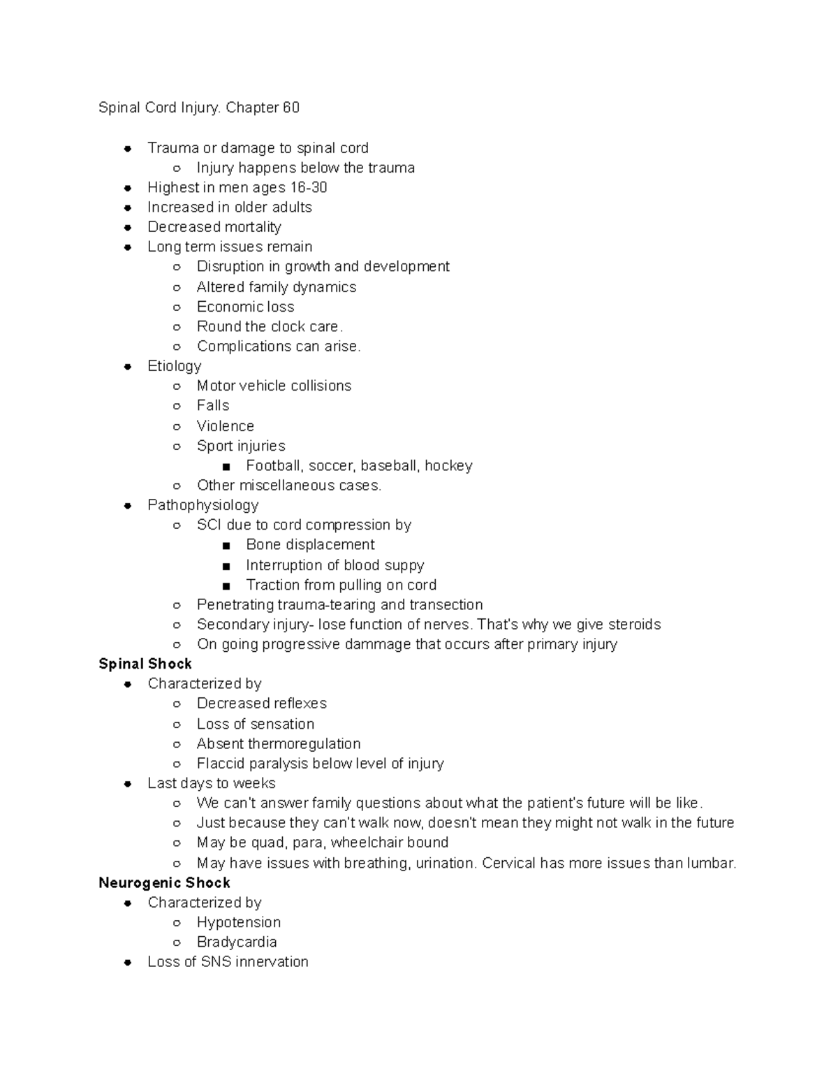 Spinal Cord Injury - Lecture Notes Chapter 60 Overview and Key Points ...