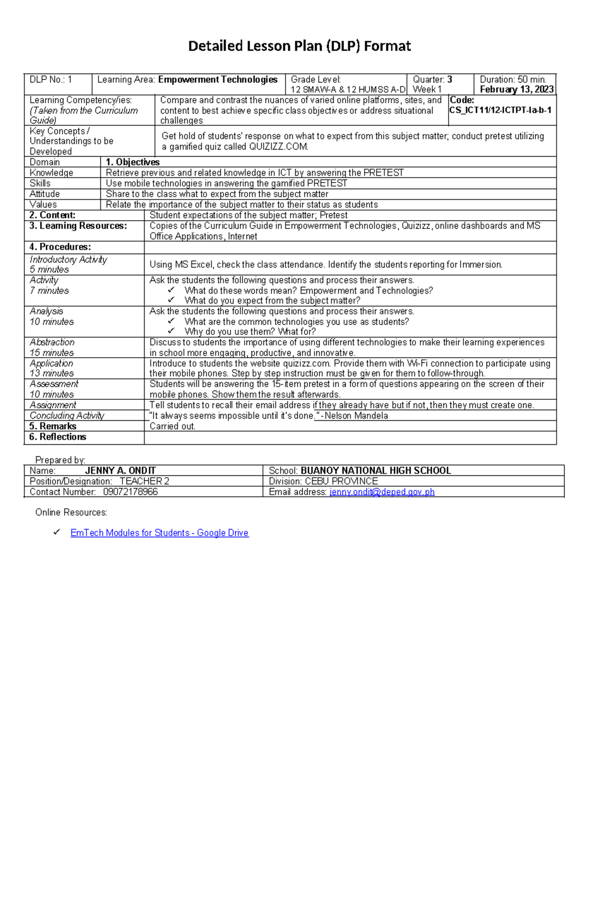 DLP in Empowerment Technologies - Detailed Lesson Plan (DLP) Format DLP ...