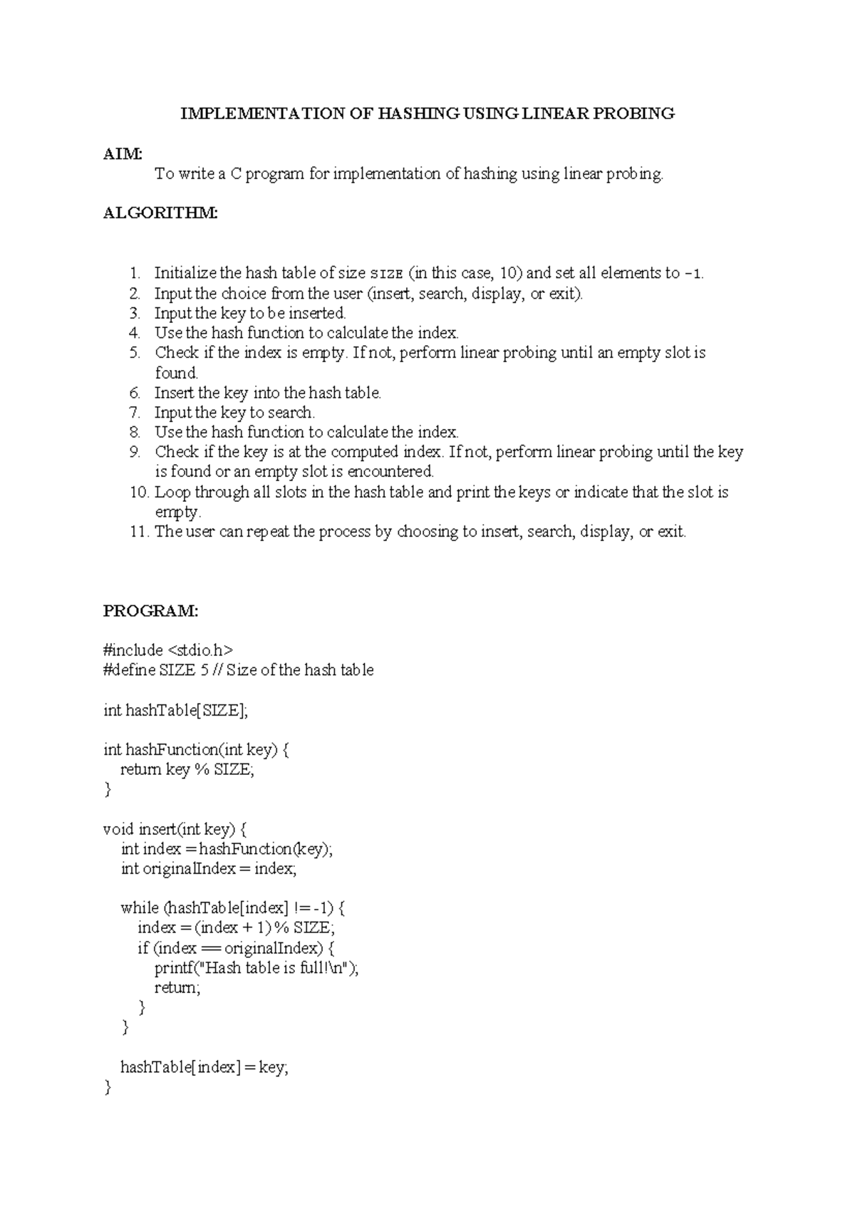 C Program for Hashing with Linear Probing (CS101) - Studocu