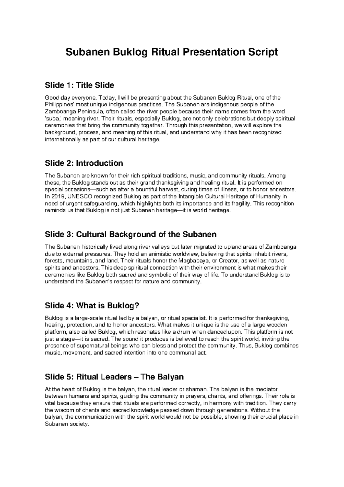 Subanen Buklog Ritual Presentation Script: Cultural Significance ...