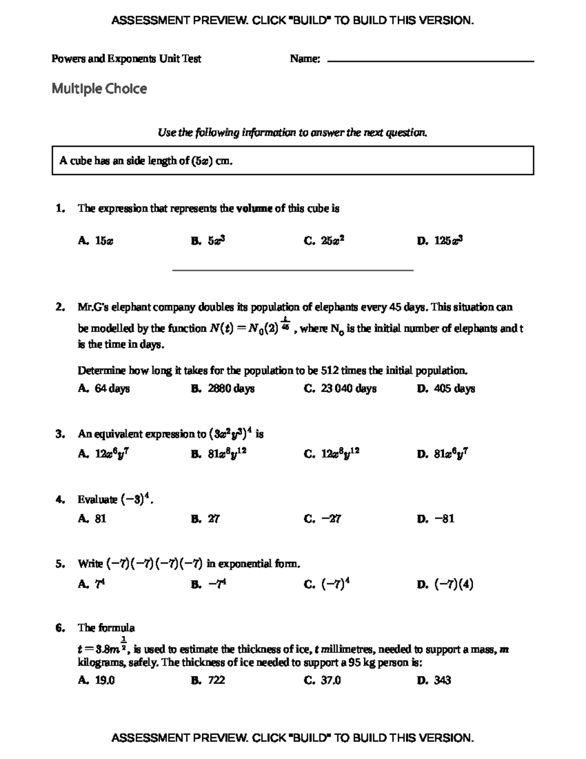 Powers and Exponents Unit Test: Assessment Preview - Studocu