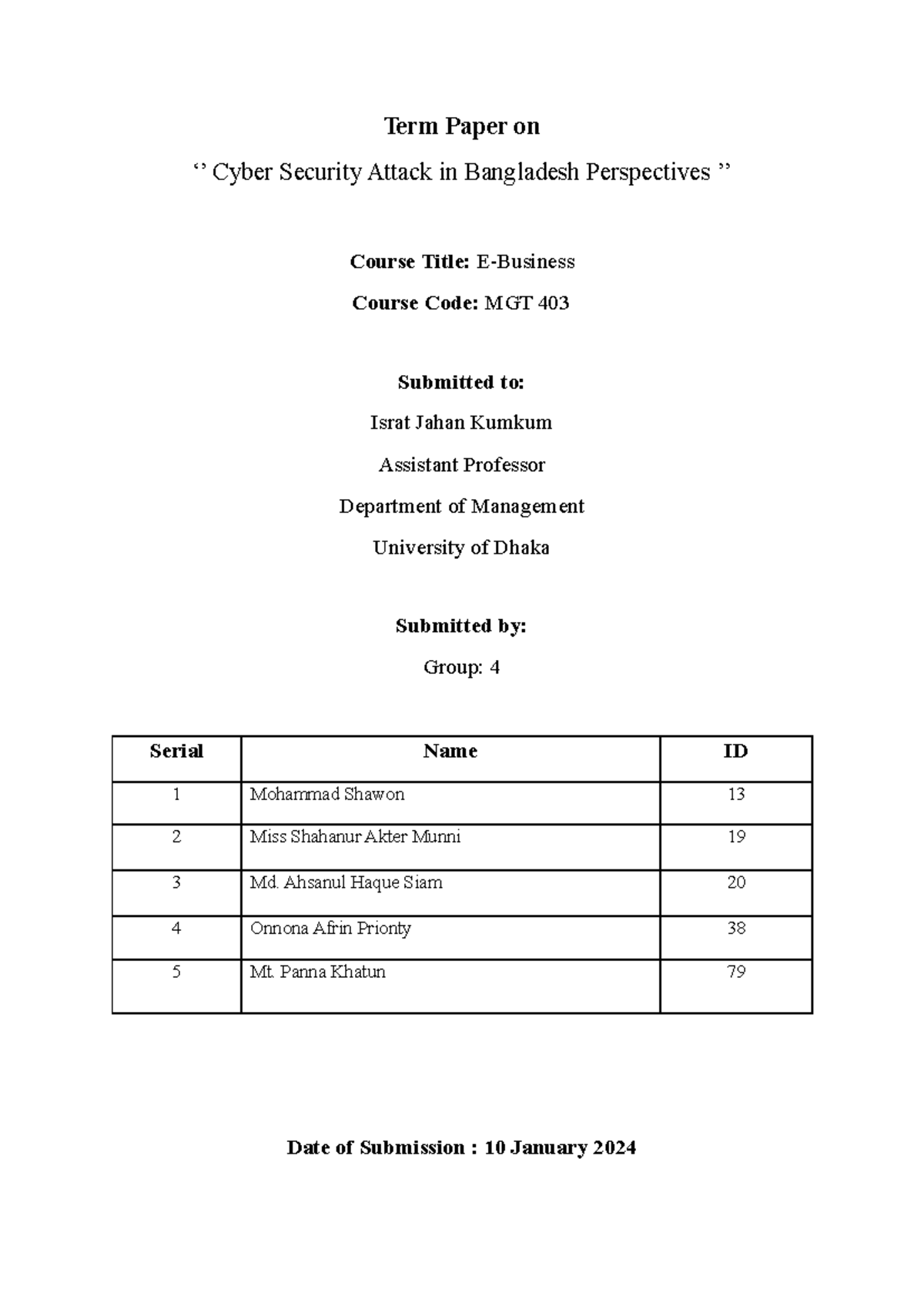 MGT 403 Term Paper: Cyber Security Attacks in Bangladesh - Studocu