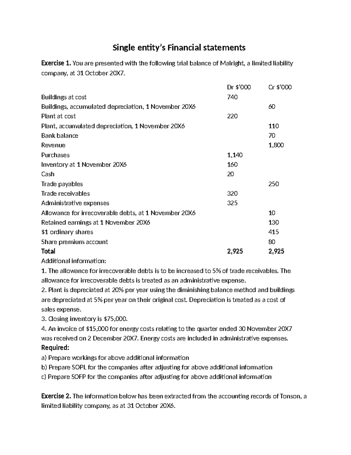 Long Exercise - Bài Tập Lập SOFP, SOPL, SOCF (ACCT 101) - Studocu