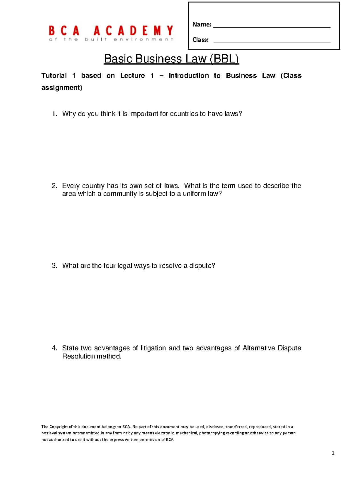 BBL Tutorial 1: Intro to Business Law & Dispute Resolution Concepts ...