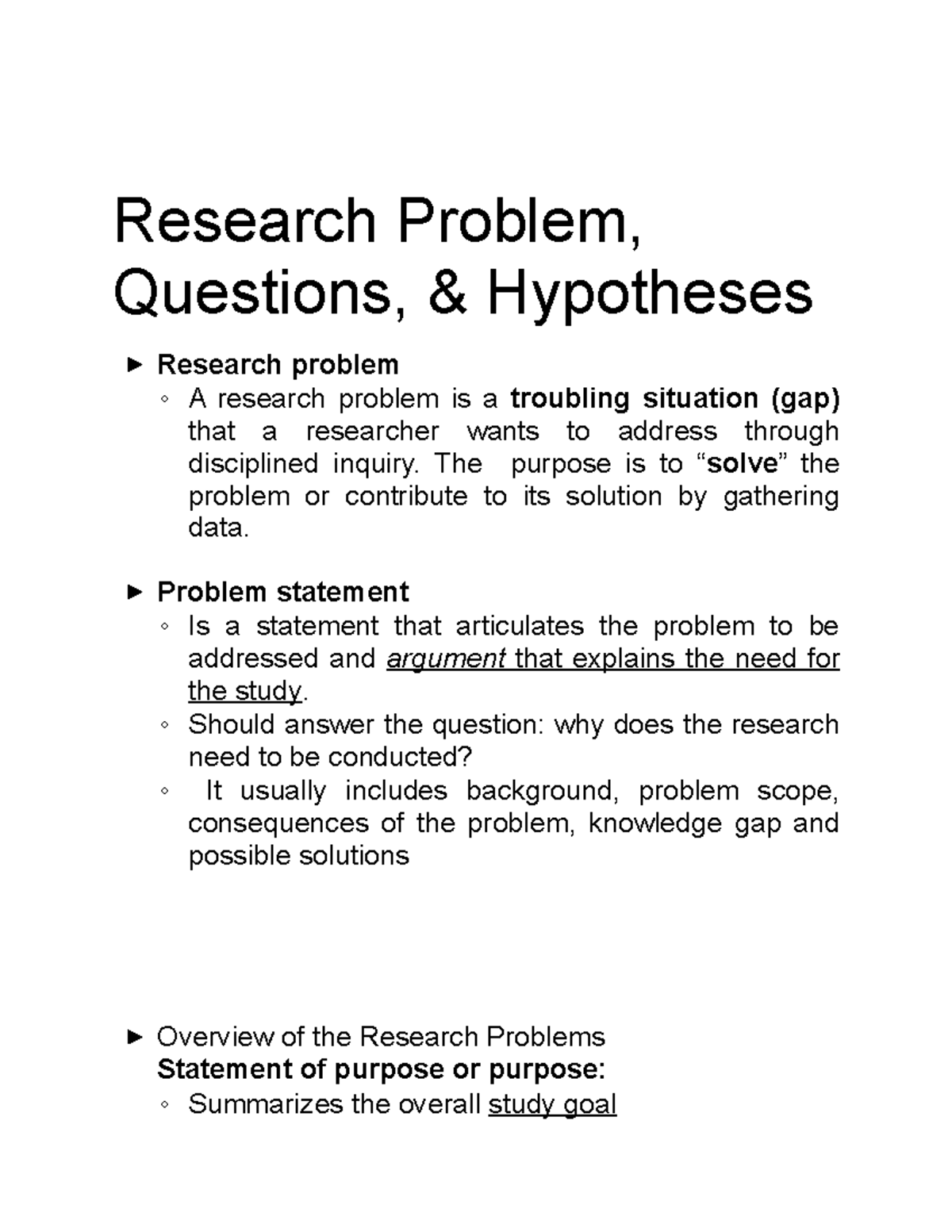 Research Problem, Questions, & Hypotheses lecture notes - Research ...