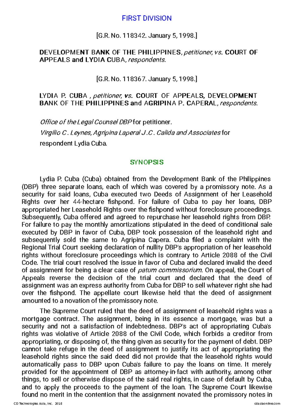 1 Development Bank of the Phils - FIRST DIVISION [G. No. 118342 ...