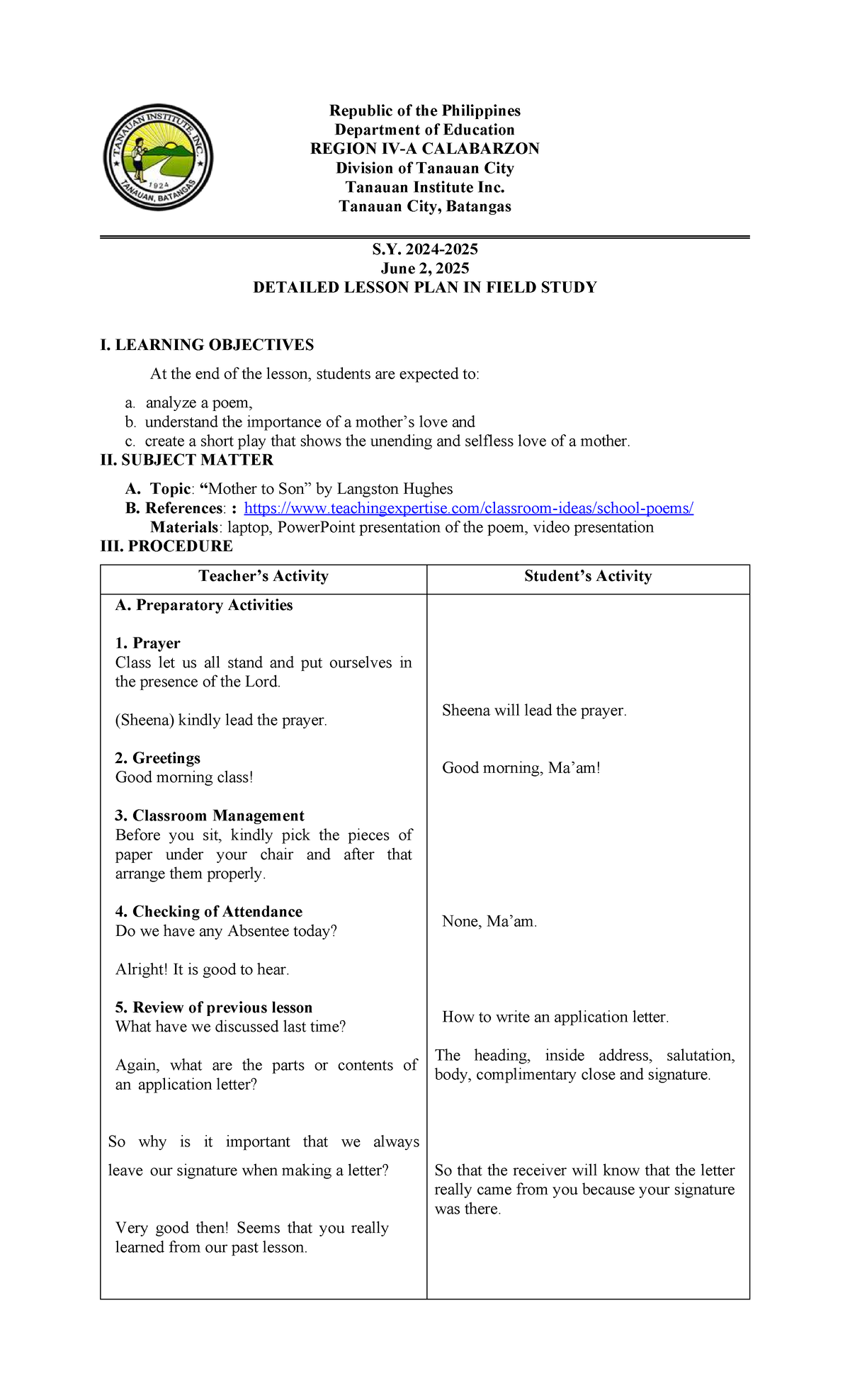 Detailed Lesson Plan in Field Study: Analyzing Langston Hughes' Poem ...