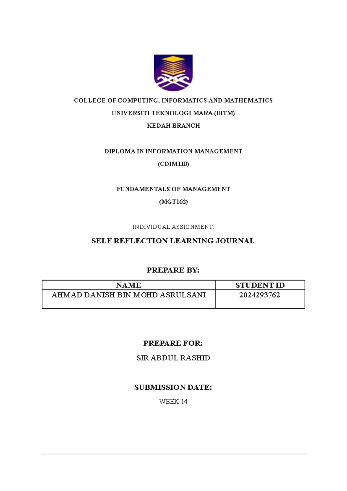 MGT162 Individual Assignment: Self Reflection Learning Journal - Studocu