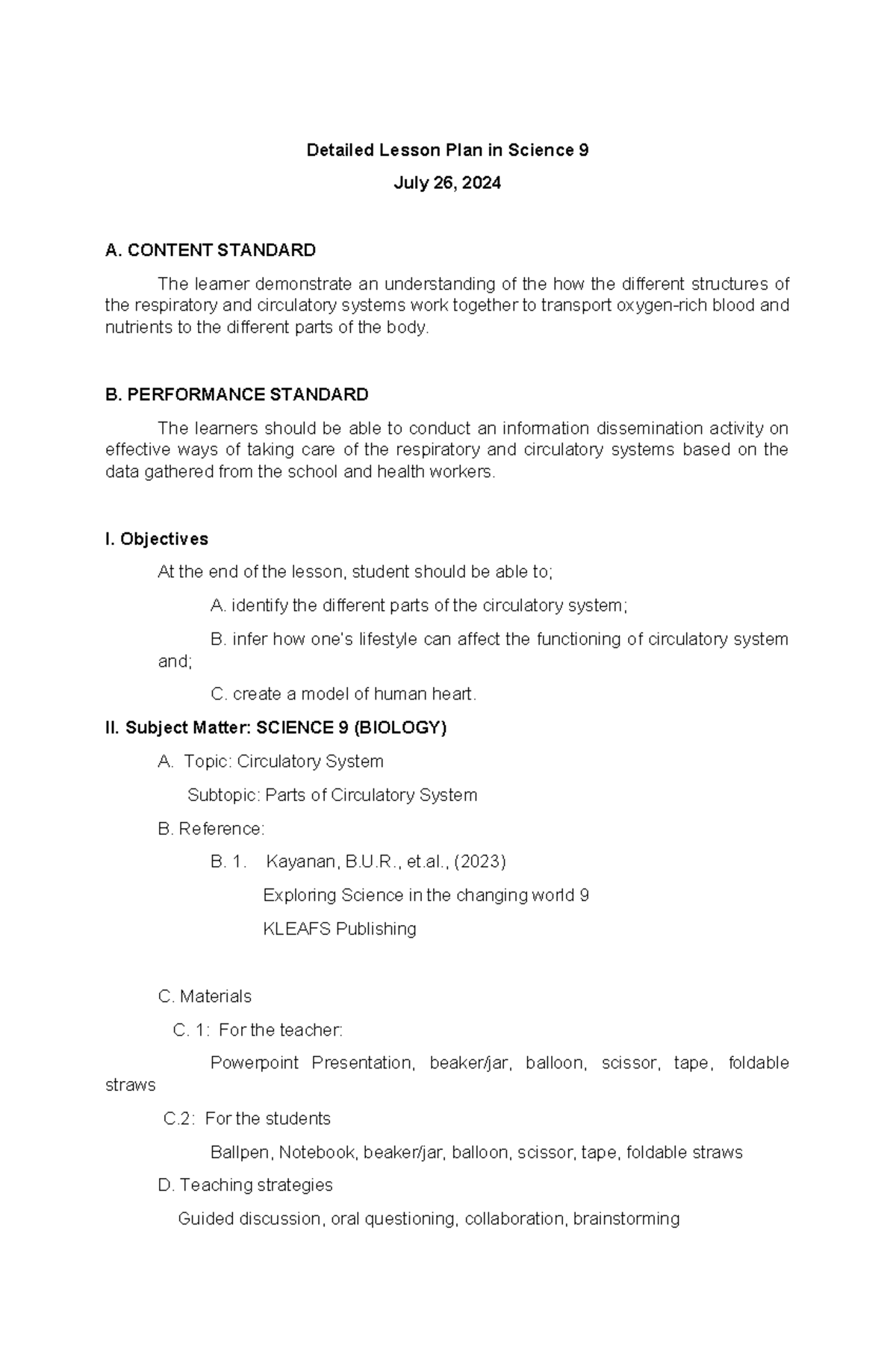 Science 9 Lesson Plan: Circulatory System Overview & Activities - Studocu