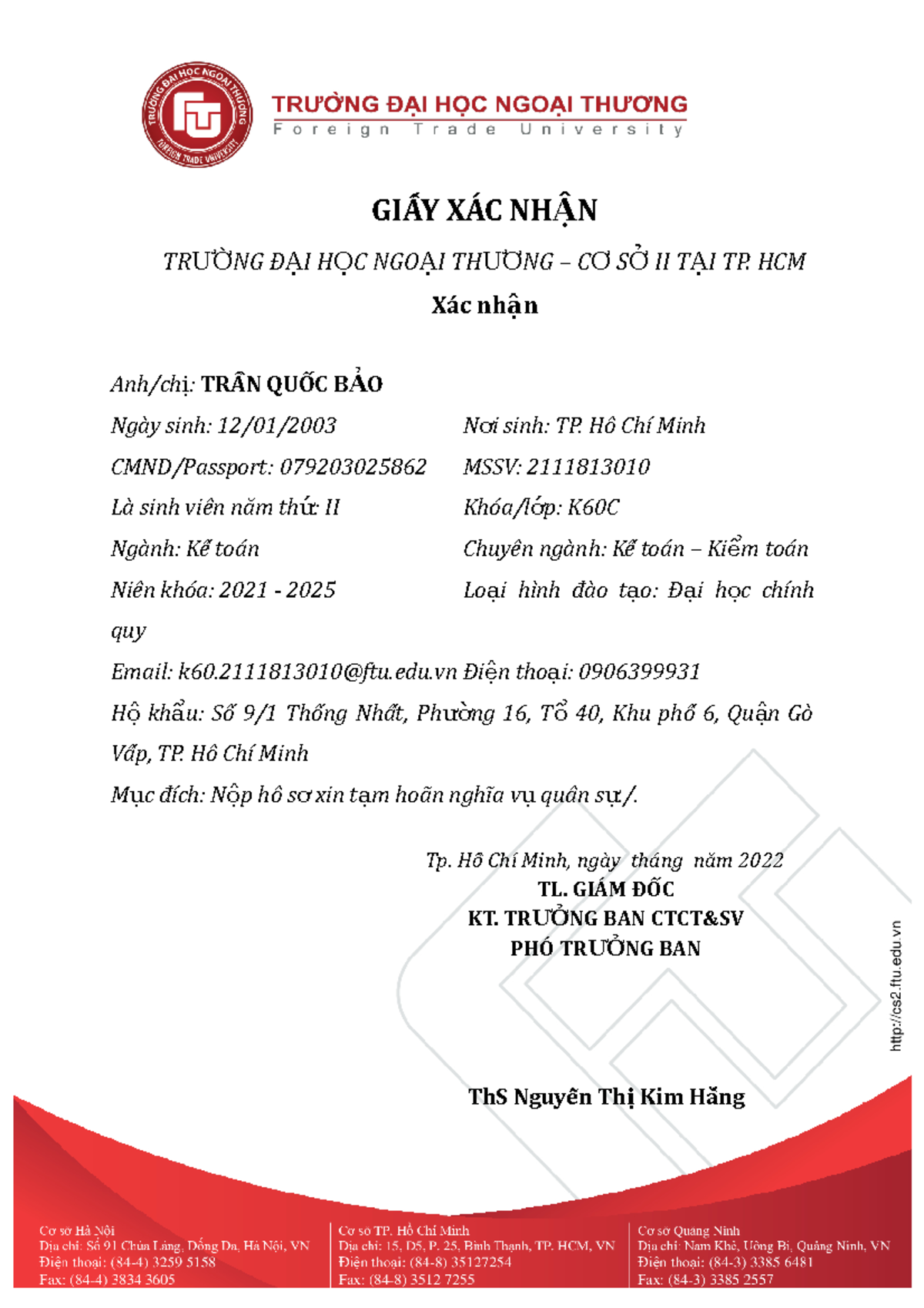 01. Giay xac nhan SV chinh quy - GIẤẤY XÁC NH NẬ TR NG Đ I H C NGO I TH NG – C S II T I TP ...