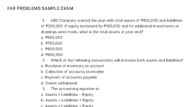 FAR 101: Sample Exam Problems for Financial Accounting - Studocu